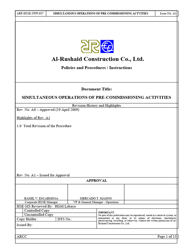 SIMOPs of Precom Activities Rev. A1 | PDF | Pipe (Fluid Conveyance ...
