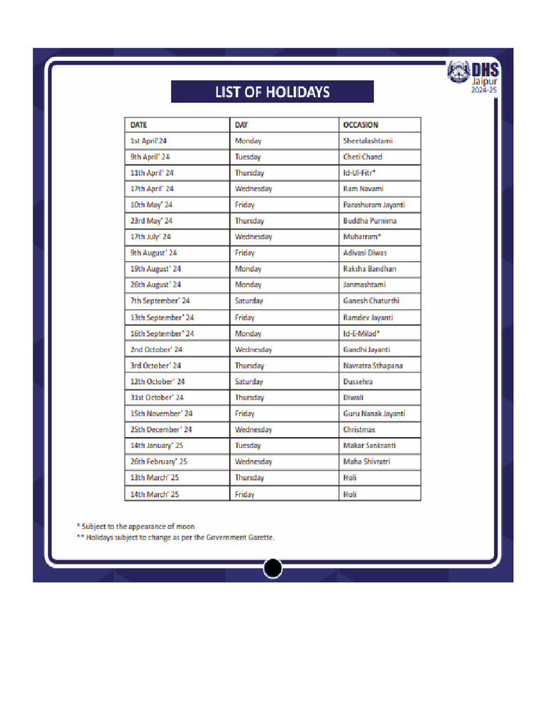 List of Holidays (2024-25) | PDF