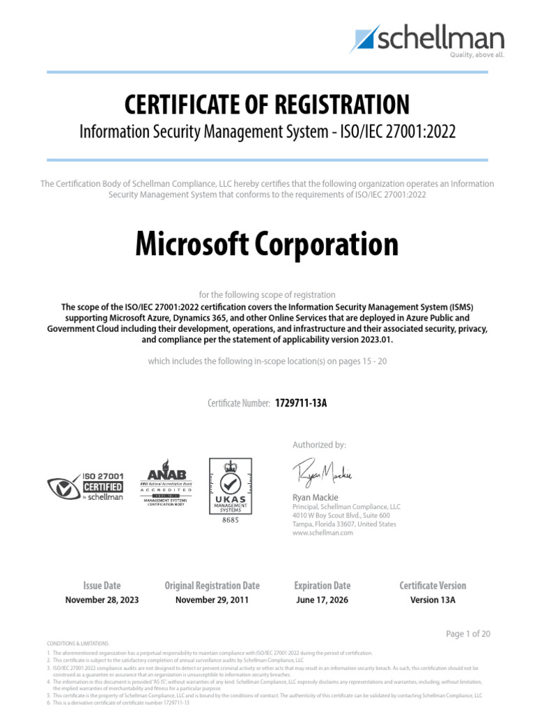 Microsoft Azure, Dynamics and Online Services - ISO 27001 Certificate ...