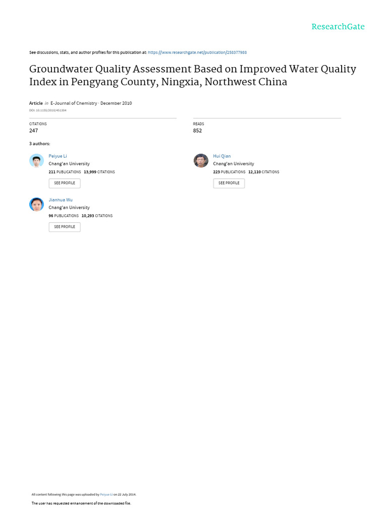 Groundwater Quality Assessment Based On Improved Water Quality Index in ...