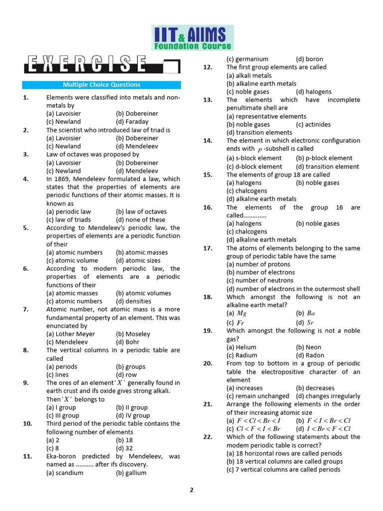 Multiple Choice Questions | PDF | Periodic Table | Chemical Elements