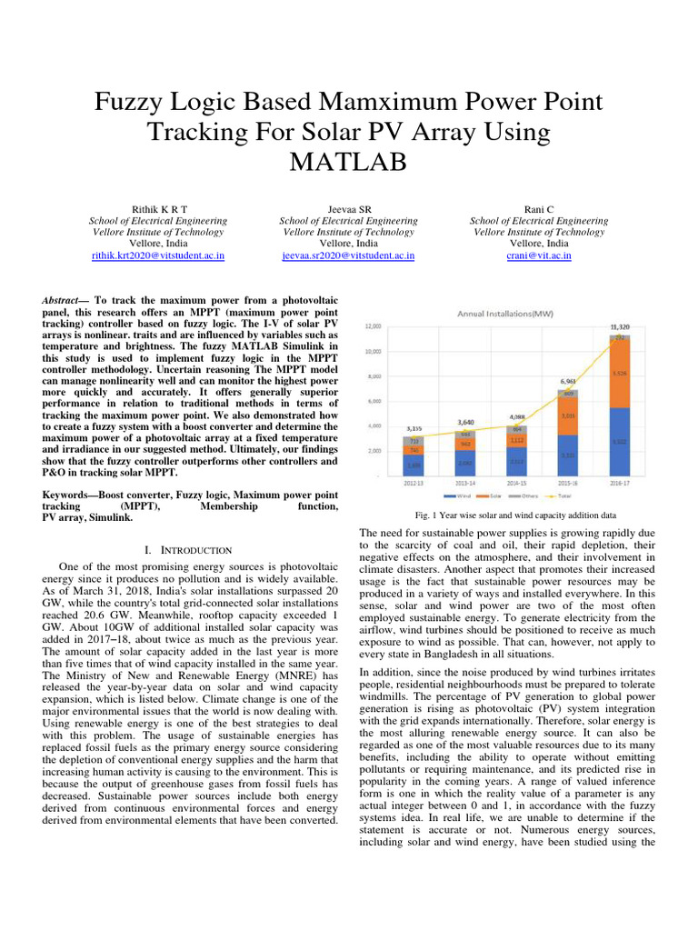 Fuzzy Logic MPPT for Solar PV Arrays | PDF | Photovoltaics | Wind Power