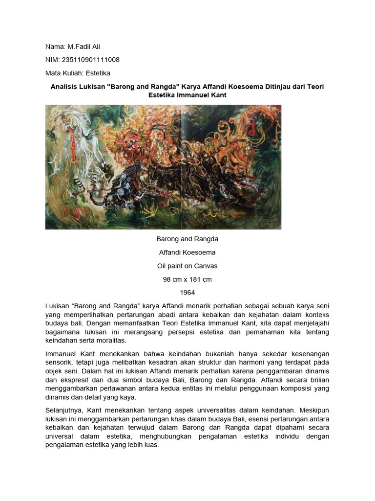 Analisis Lukisan Barong And Rangda Mengunakan Teori Estetika Immanuel Kant_M.Fadil Ali ...