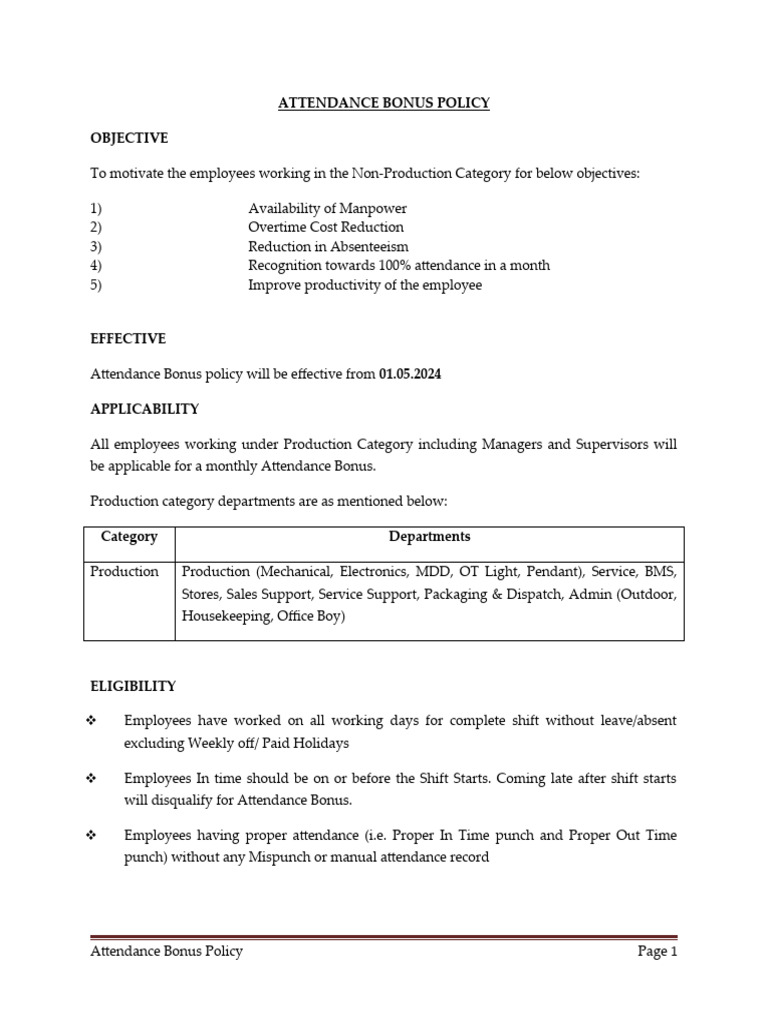 Attendance Bonus Policy | PDF | Business