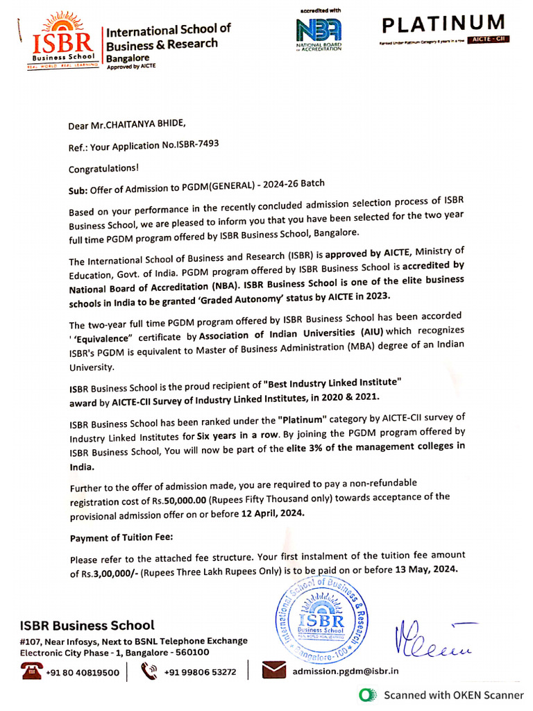 Offer Letter - Chaitanya Bhide | PDF