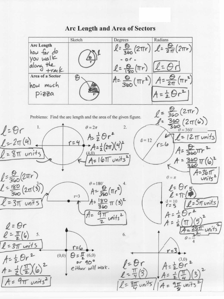 Arc Length and Area of Sectors - Key | PDF | Rotation | Trigonometry