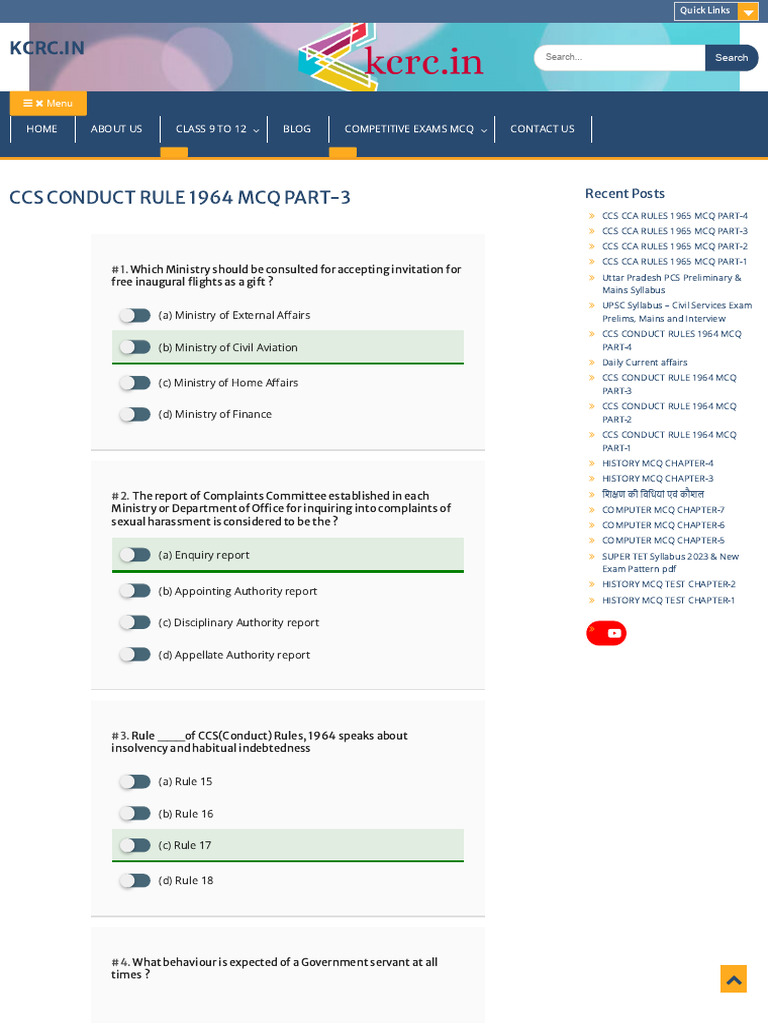 CCS Conduct Rule 1964 MCQ Part-3 - KCRC - in | PDF | Justice | Crime & Violence