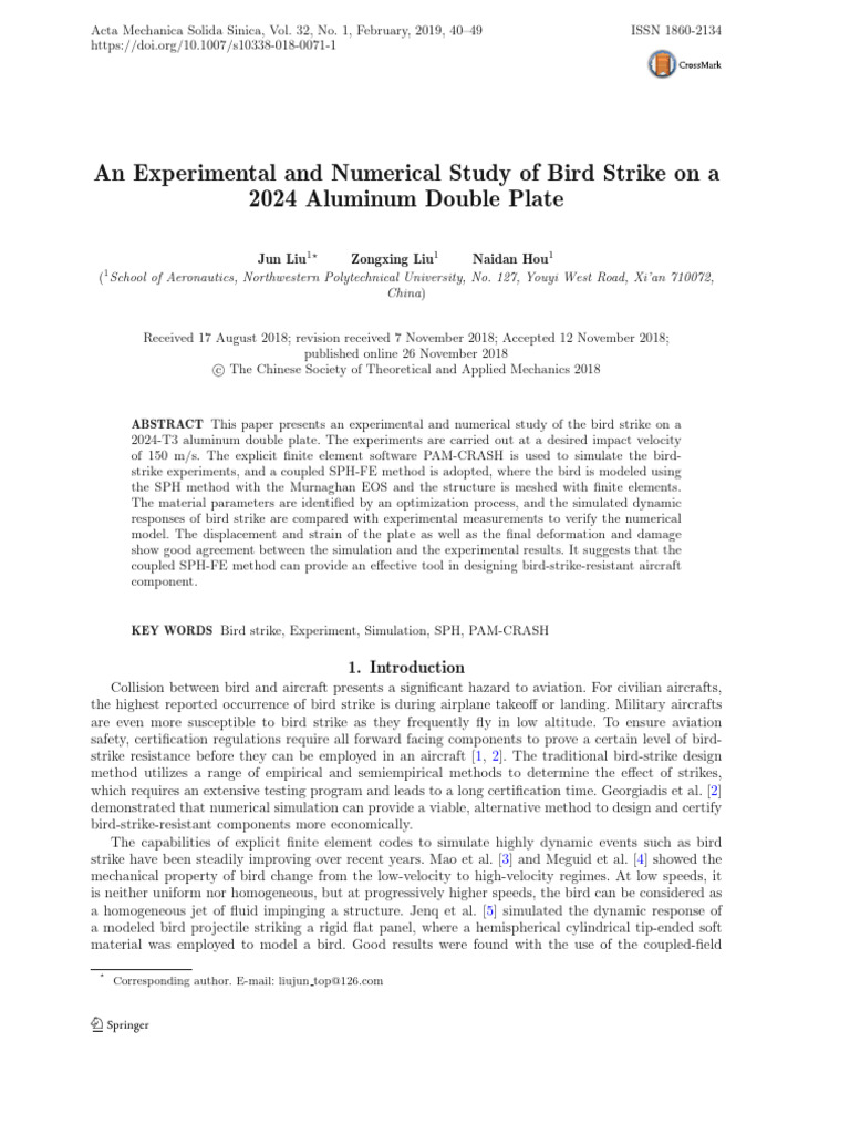 An Experimental and Numerical Study of Bird Strike on a 2024 Aluminum Double Plate | PDF ...