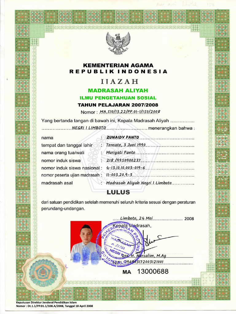 Ijazah Madrasah Aliyah IPS 2008 | PDF