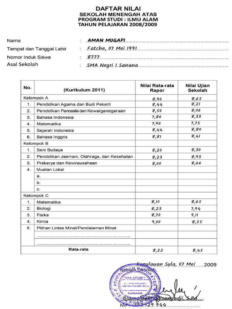 Nilai Rapor SMA Negeri 1 Sanana | PDF