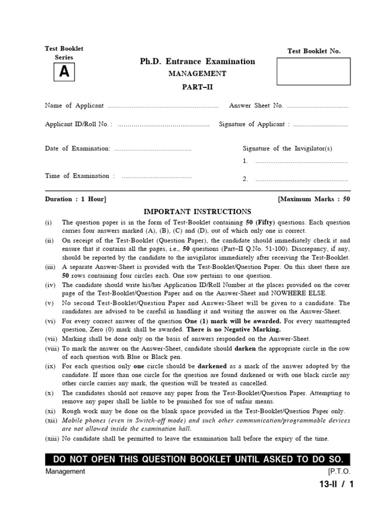 Question Paper PHD Entrance Management (Part II) | PDF | Demand | Inflation
