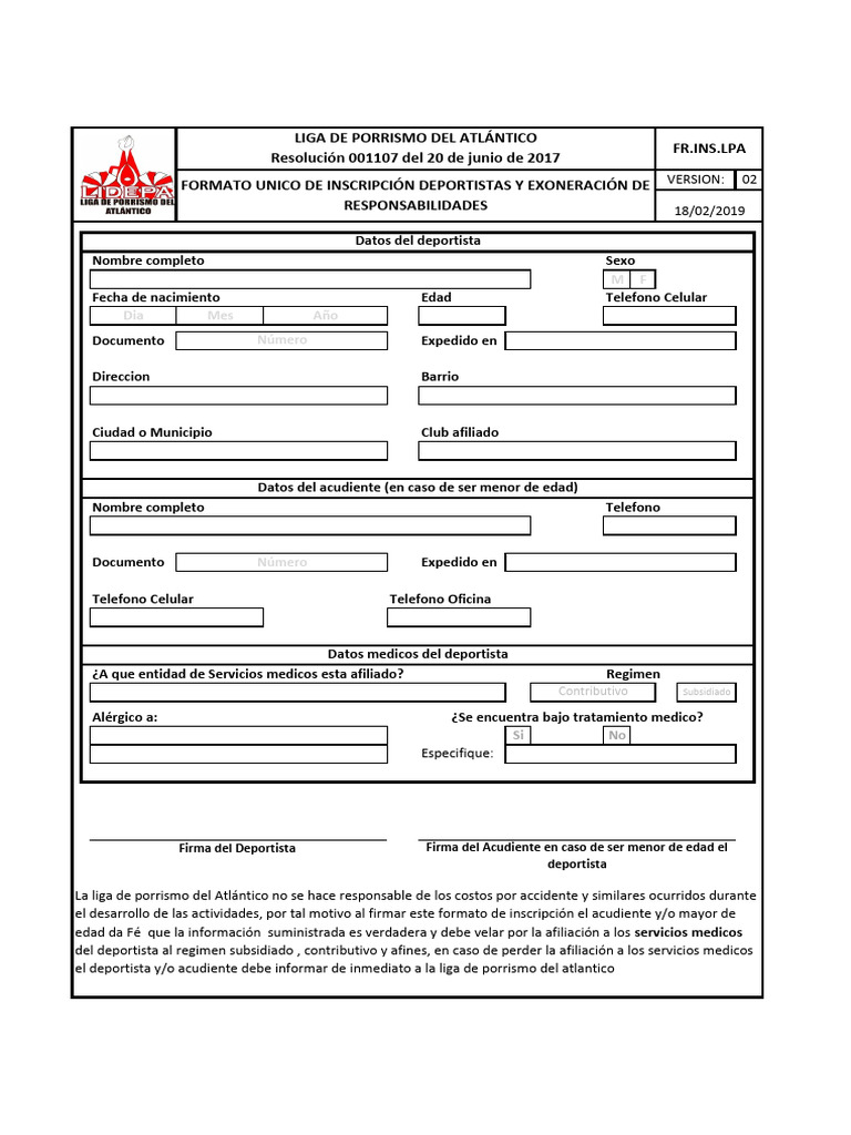 formato unico de inscripcion deportistas try out | PDF formato unico de inscripcion deportistas try out | PDF