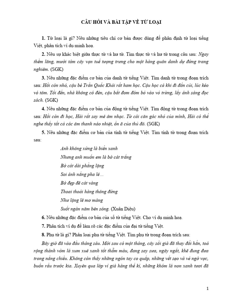 BÀI TẬP Từ loại csvn bt1 | PDF