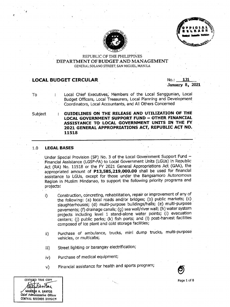 DBM Local Budget Circular No 131 LGSF | PDF