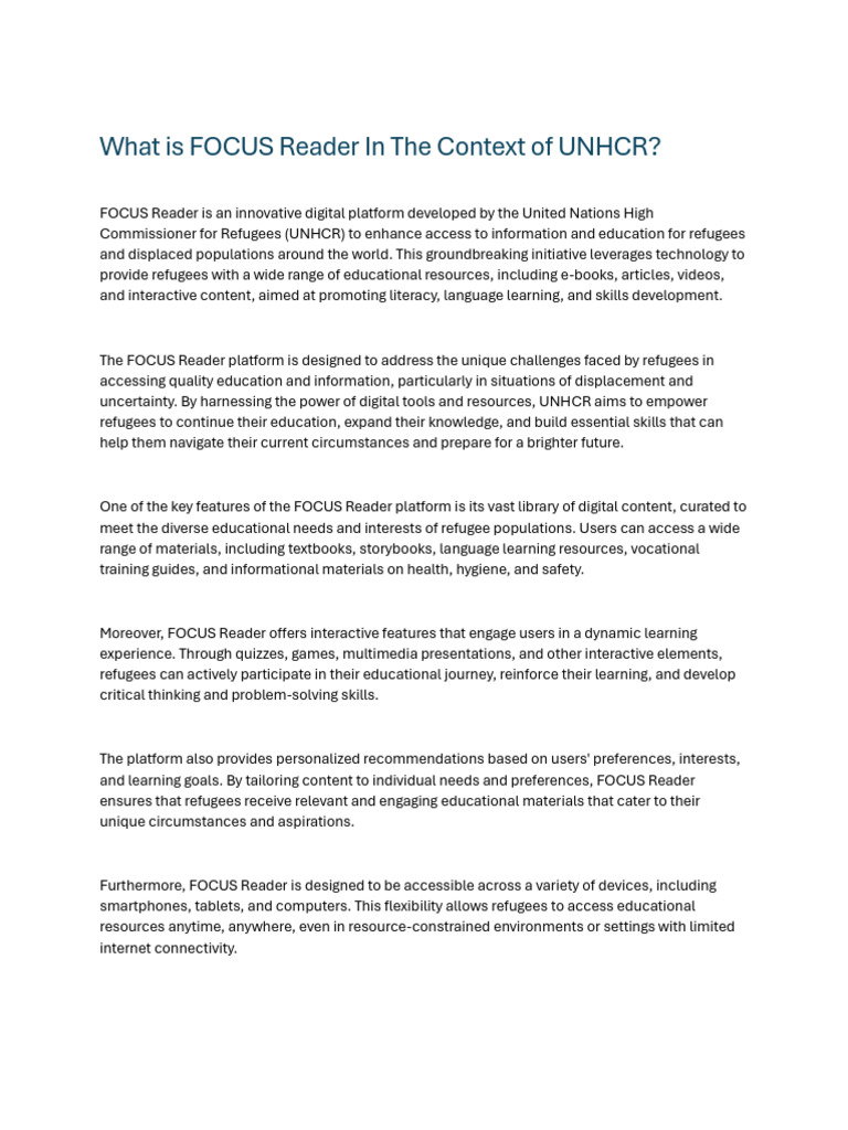 What Is FOCUS Reader in The Context of UNHCR | PDF | Refugee | Learning