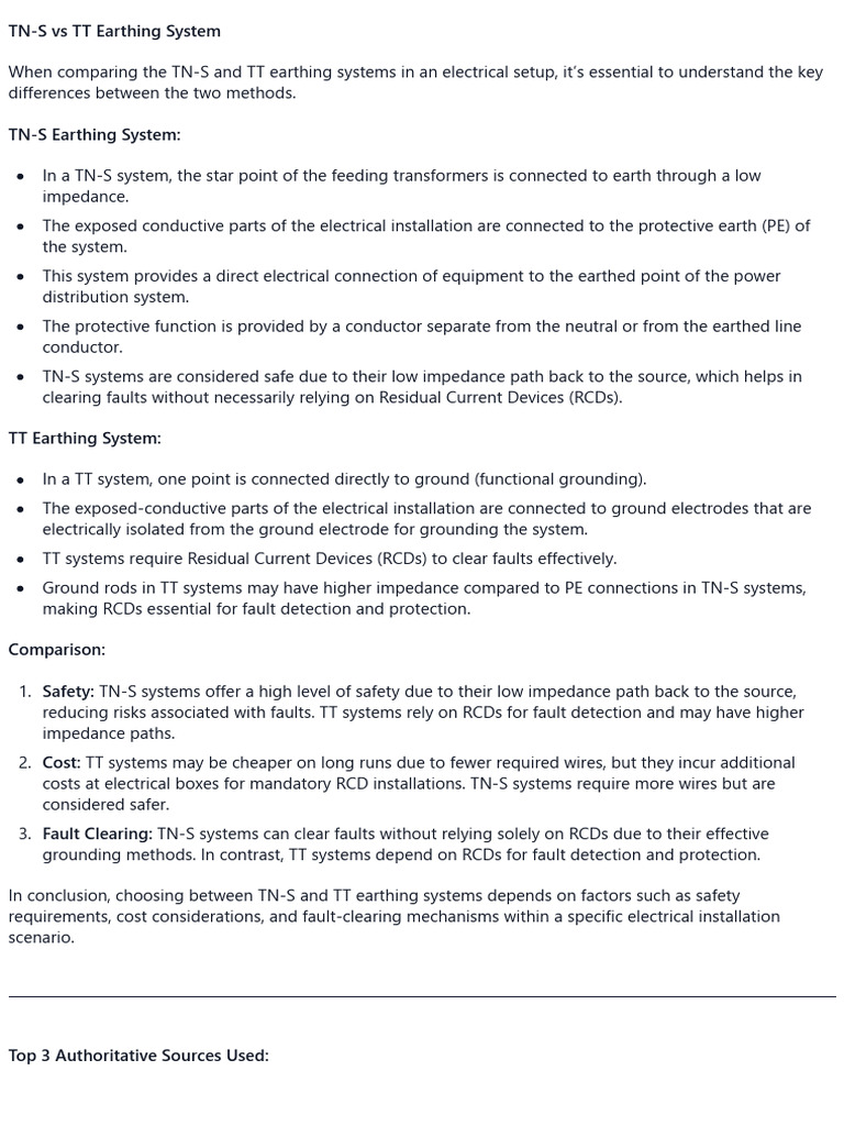 Iask Question in Electrical System, T-N-S Vs TT Earthing System | PDF ...