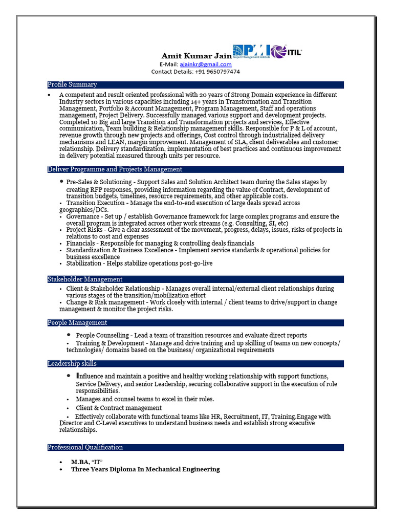 Amit Kumar Jain: Profile Summary | Download Free PDF | Project Management | Cloud Computing