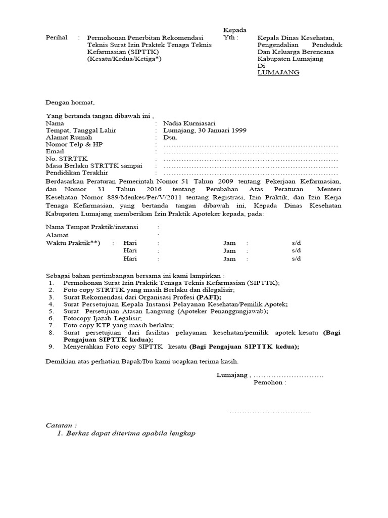 Format Pengajuan SIPTTK | PDF