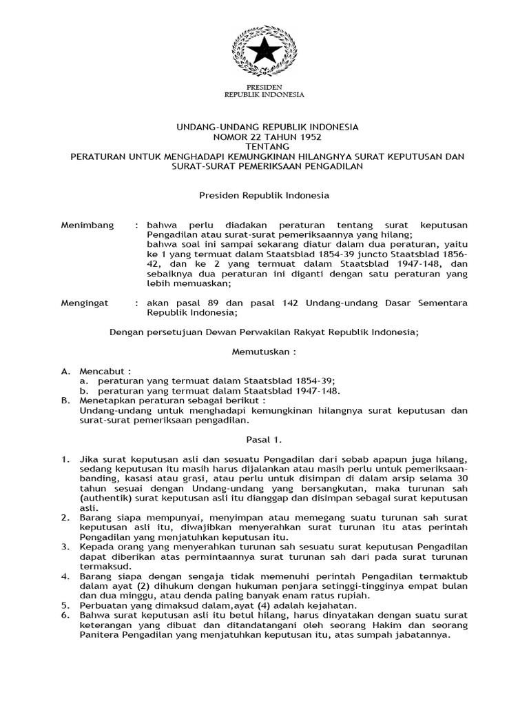 UU Nomor 22 Tahun 1952 | PDF