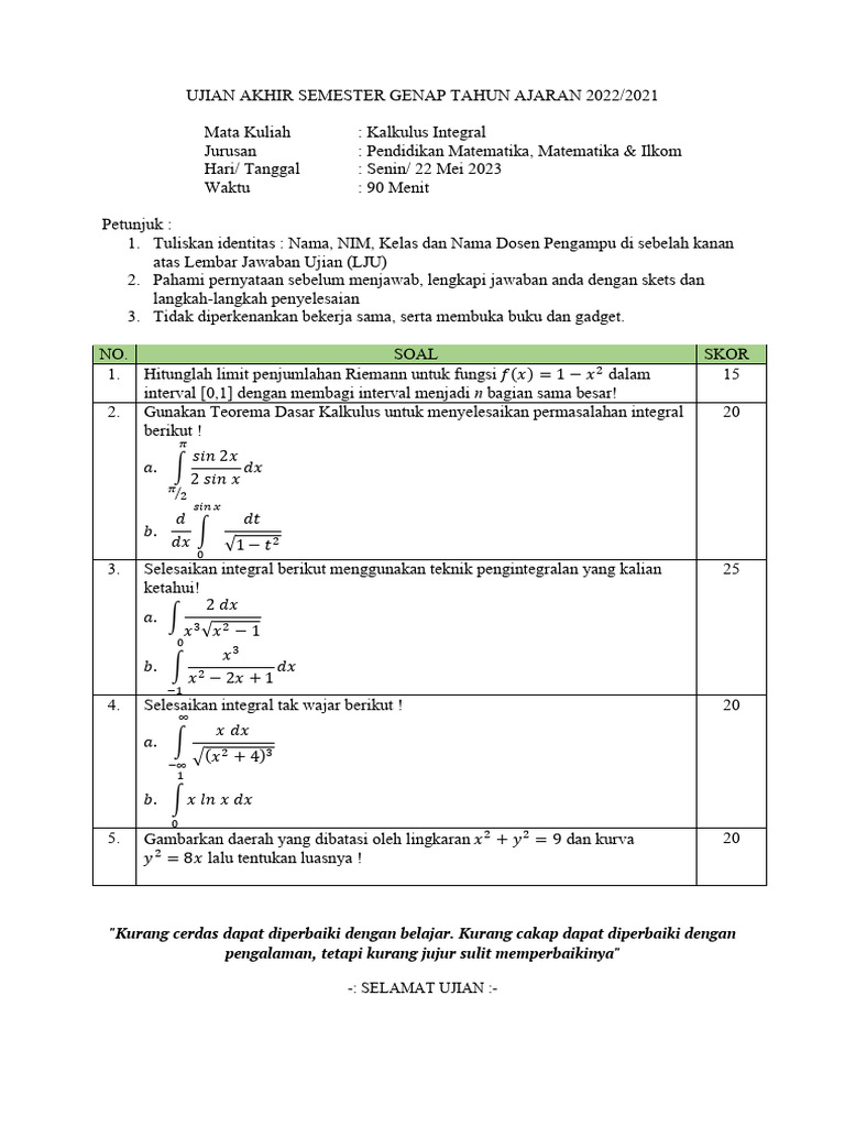 Soal Uas Kalkulus Integral | PDF