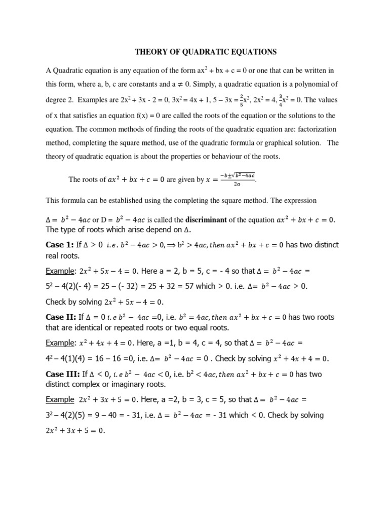 Theory of Quadratic Equations Mat 101 | Download Free PDF | Quadratic Equation | Equations