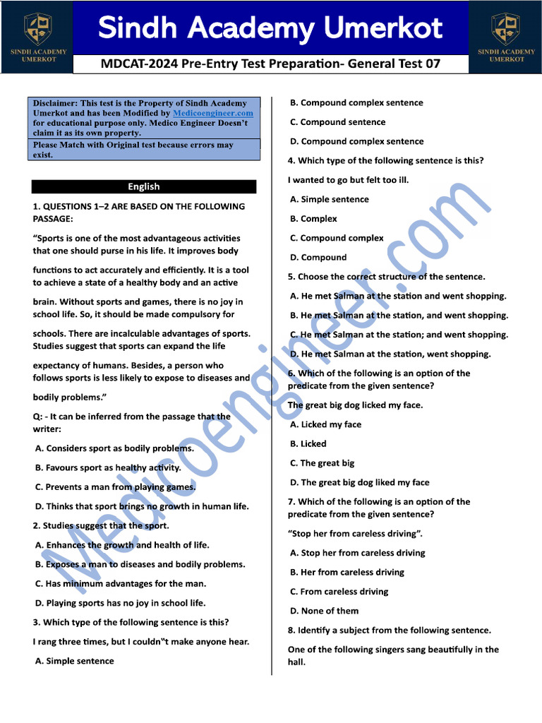 (Medicoengineer - Com) Unsolved SPSC Gt-7 Pre Enrty Mdcat-2024 | PDF