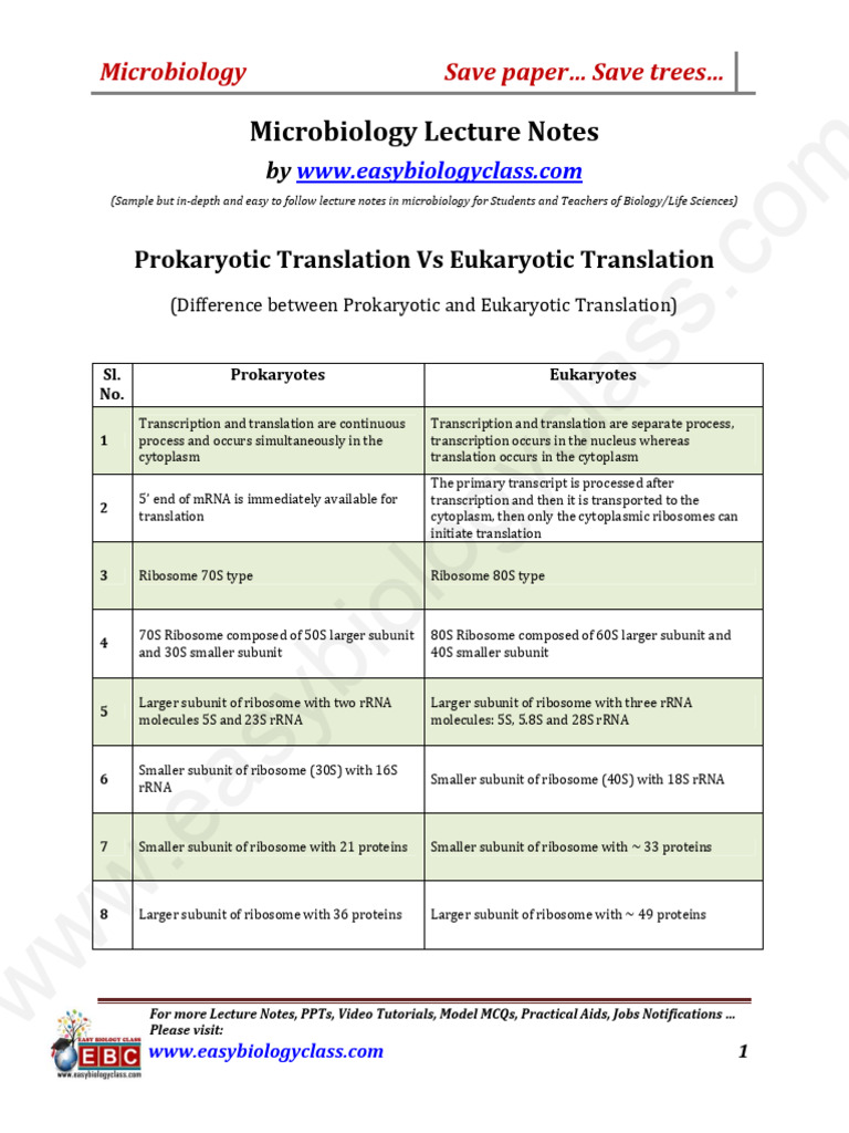 Microbiology Lecture Notes: Prokaryotic Translation Vs Eukaryotic ...