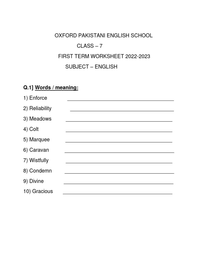 Class 7 First Term English Worksheet 2020-2021 | PDF