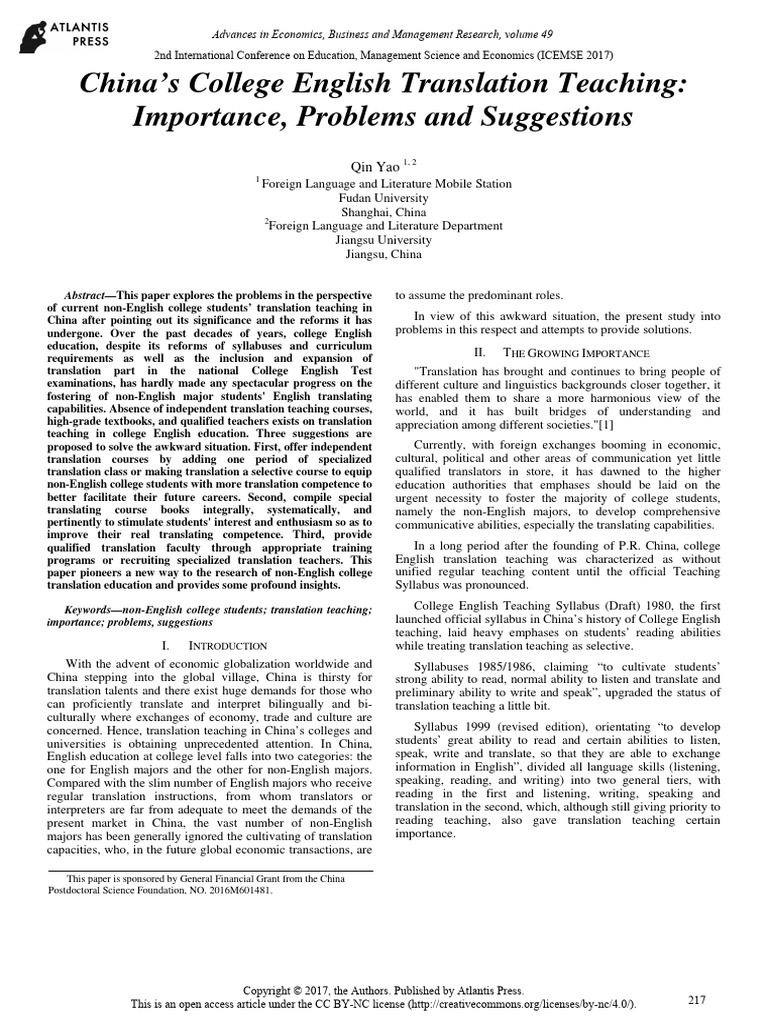 China's College English Translation Teaching: Importance, Problems and ...