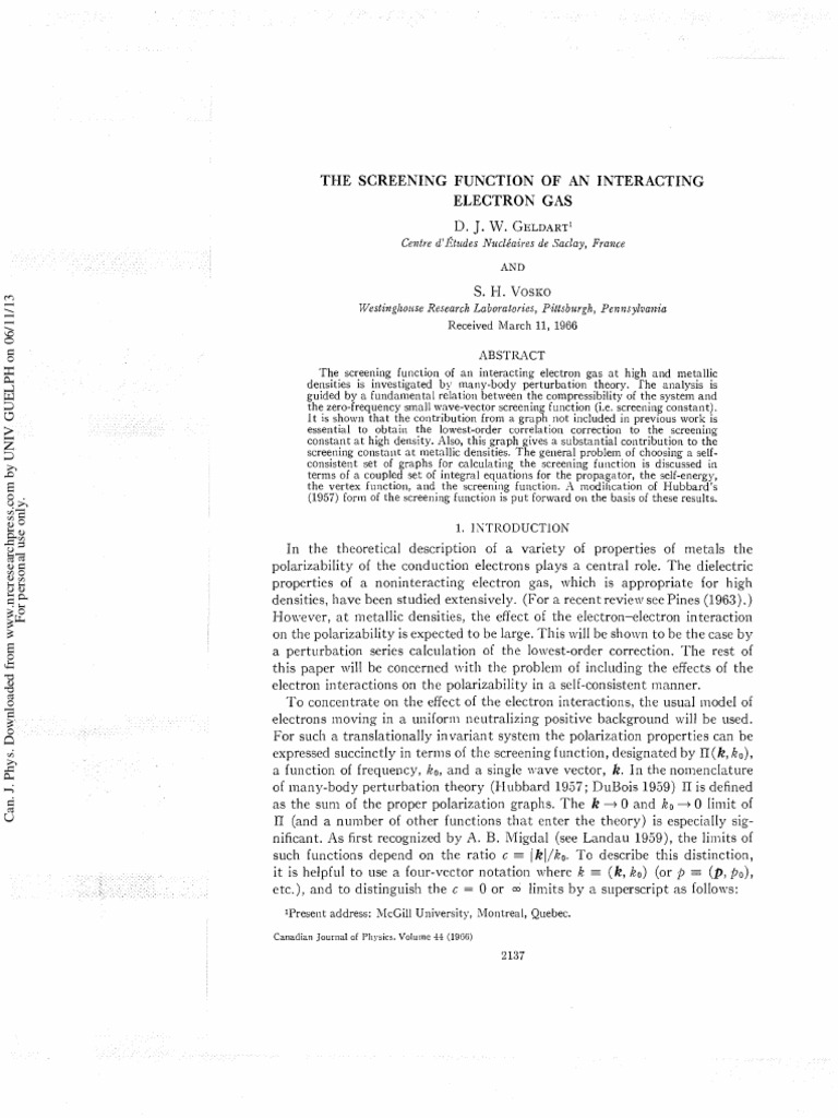 The Screening Function of An Interacting Electron Gas: H - Vos To | PDF | Perturbation Theory ...