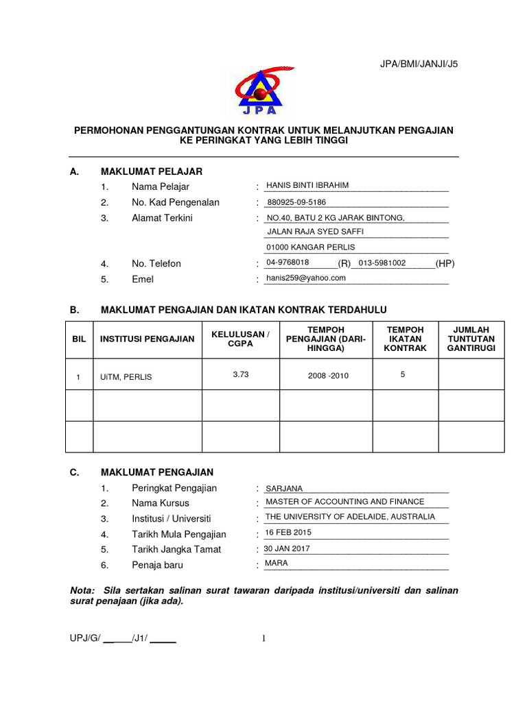 Borang J5 - Permohonan Penggantungan Kontrak JPA Feb 2015 | PDF