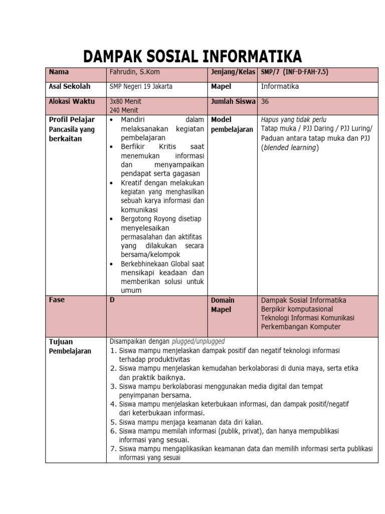 Modul Ajar Informatika - Dampak Sosial Informatika - Fase D | PDF