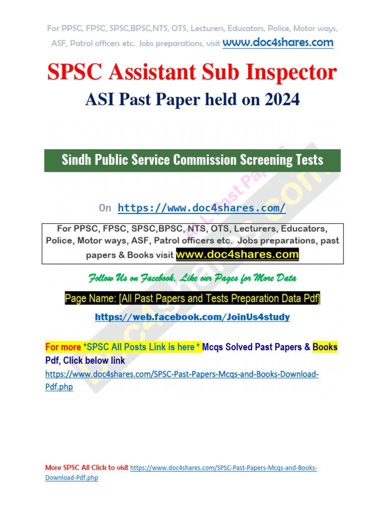 SPSC Assistant Sub Inspector ASI Past Paper Held On 2024 | PDF ...