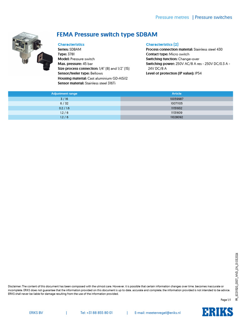 1.6 FEMA Pressure Switch | PDF | Equipment | Electrical Engineering