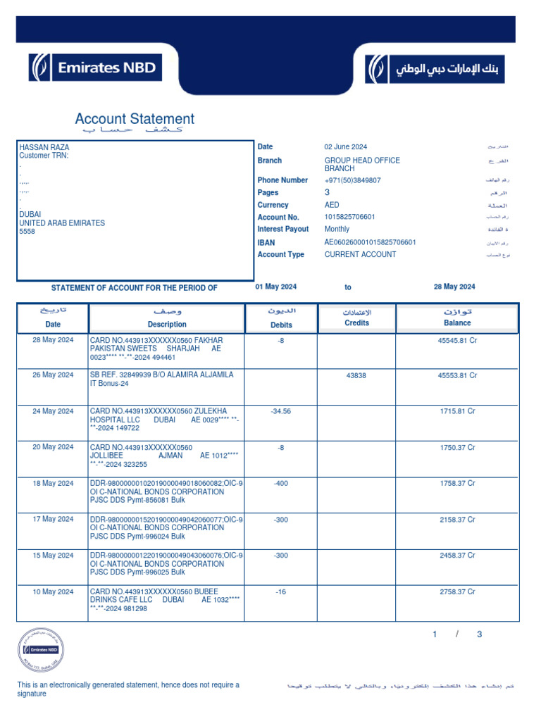 ENBD Statement | PDF | Debits And Credits | Banks