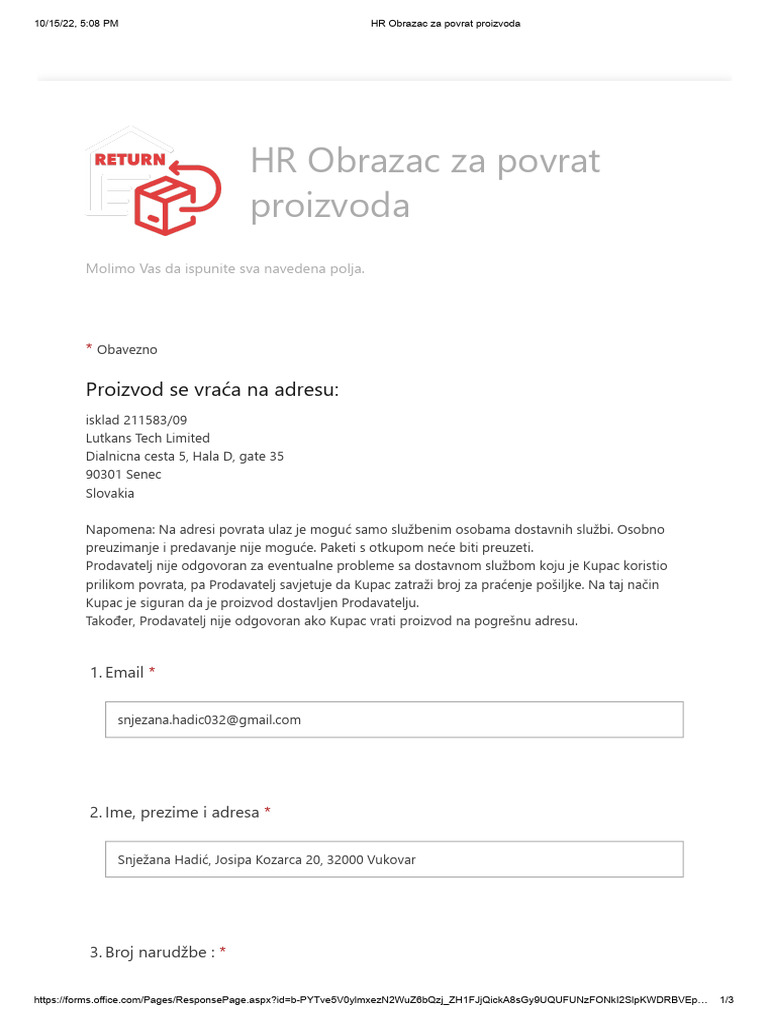 HR Obrazac Za Povrat Proizvoda | PDF