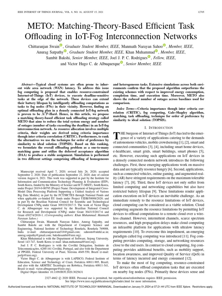 to27METO Matching-Theory-Based Efficient Task Offloading in IoT-Fog Interconnection Networks ...