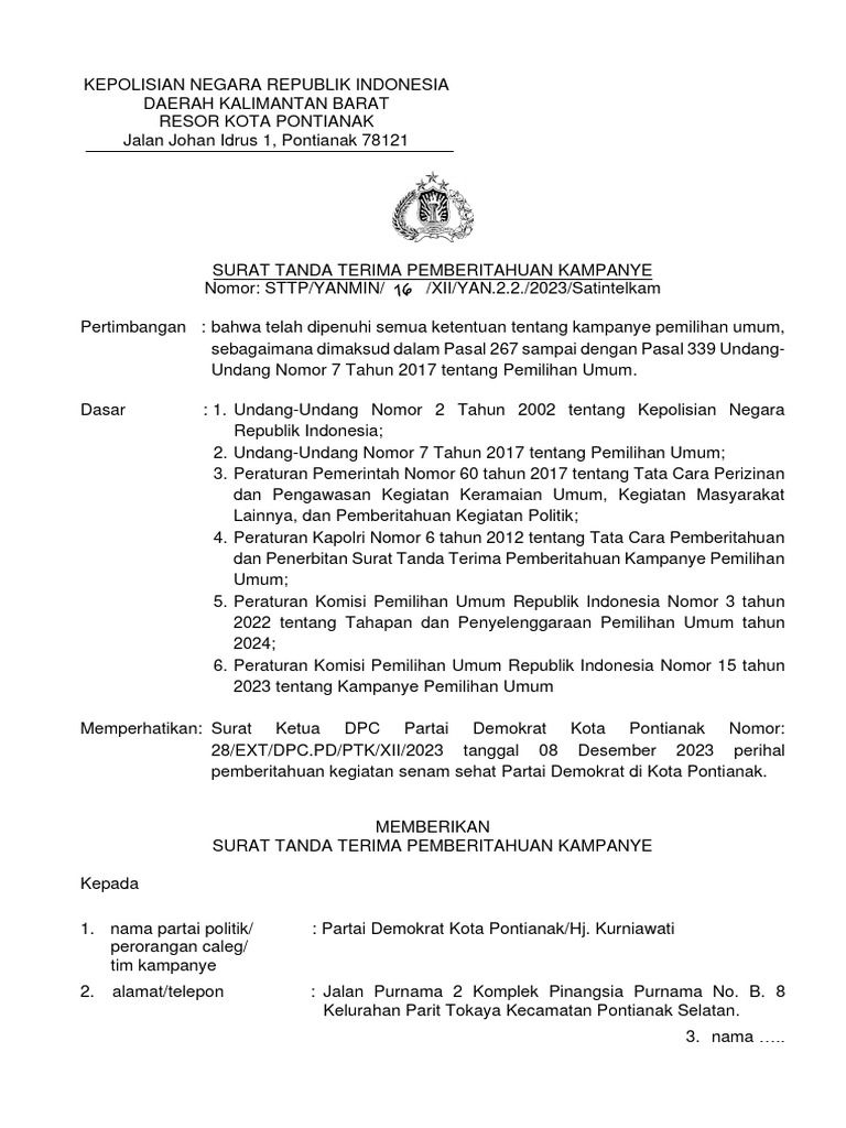 Contoh STTP Partai Terkait Pelaksanaan Kampanye | PDF