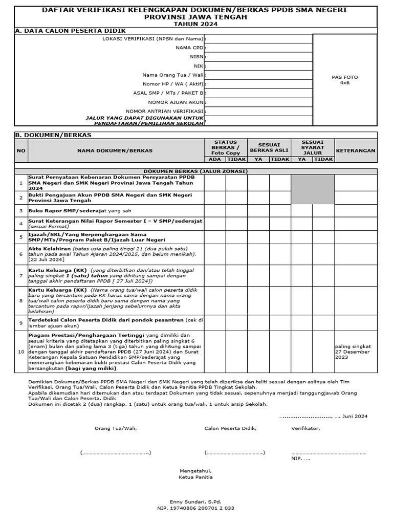Daftar Ceklis Verifikasi Berkas PPDB 2024 | PDF