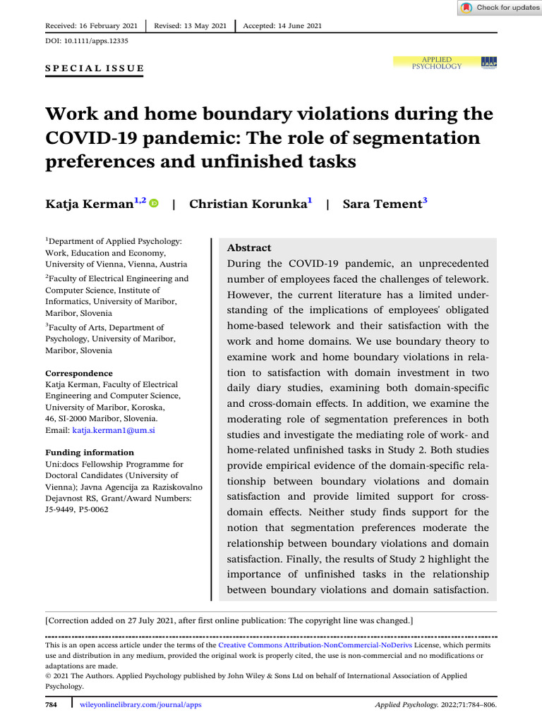 Applied Psychology - 2021 - Kerman - Work and home boundary violations ...
