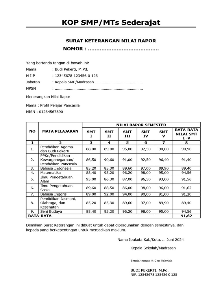 SURAT KETERANGAN NILAI RAPOR SMP MTs | PDF