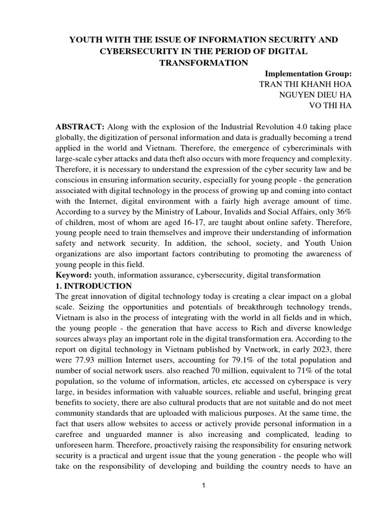 Youth with the issue of information security and cybersecurity in the period of digital ...