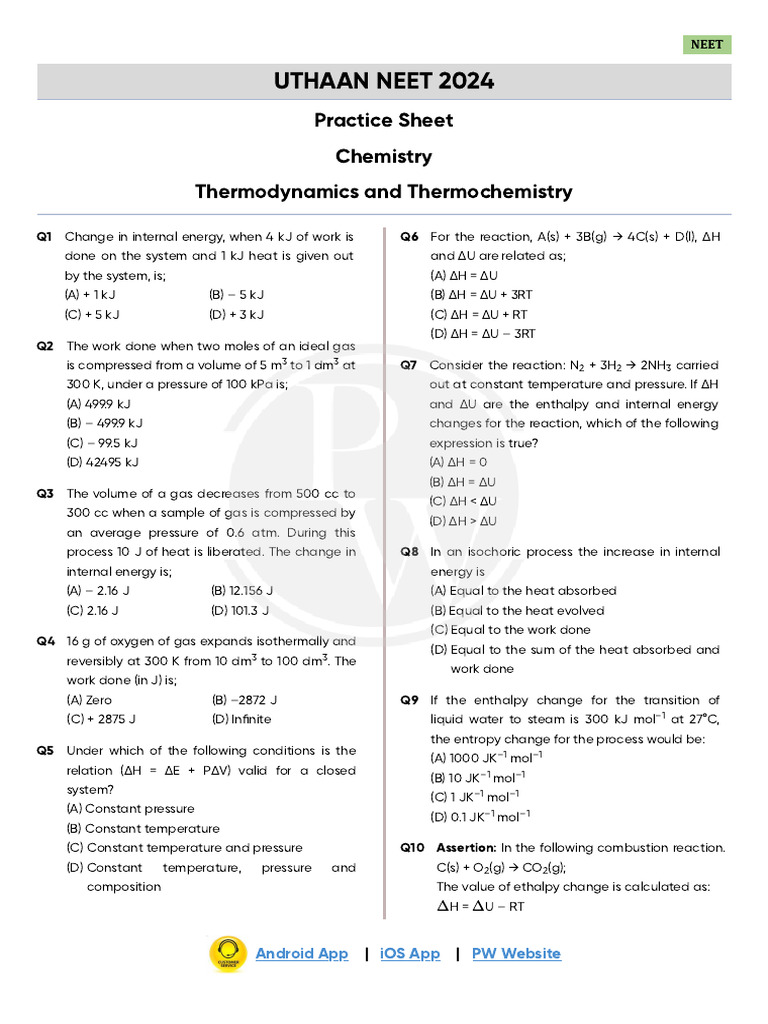 65fdb50c68740900180ee41d - ## - Thermodynamics and Thermochemistry Practice Sheet | PDF | Gibbs ...