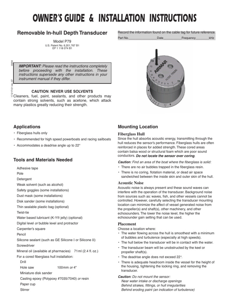 Airmar Transducer In-Hull Mounting | PDF | Fiberglass | Hull (Watercraft)