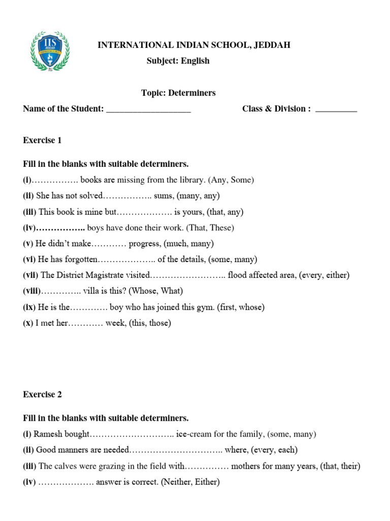 IX Determiners Worksheet | PDF