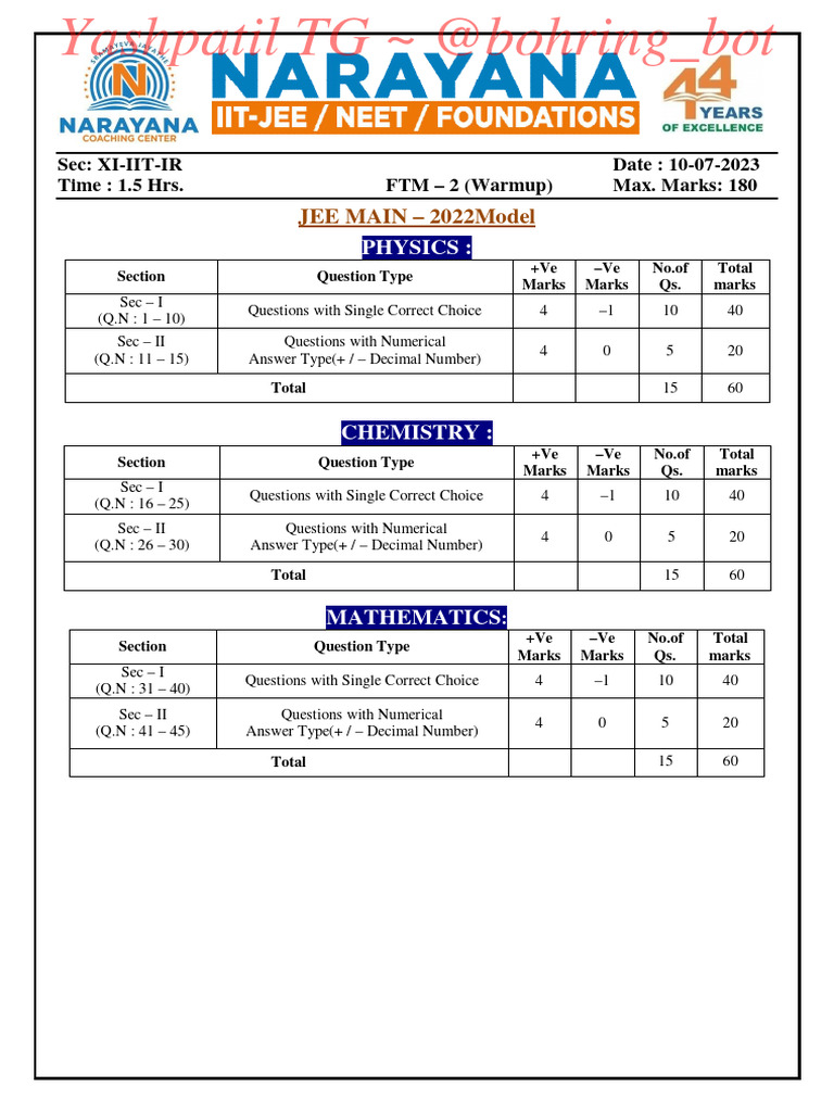 XI-IR - IIT - FTM - 2-10 - 07 - 2023 - QP - Warmup | PDF | Redox | Euclidean Vector