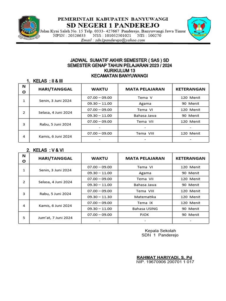 Jadwal Sas Genap Kls 1 - 5 2024 Sekolah | PDF