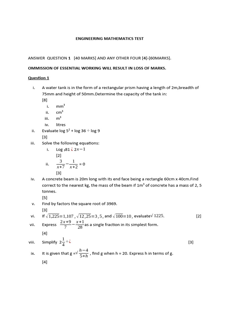 Engineering Mathematics Test Questions | PDF | Circle | Length