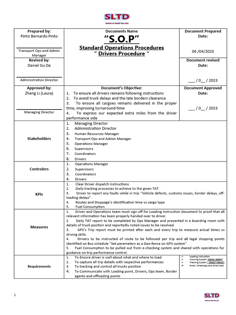 SLTD Driver SOP 2 | Download Free PDF | Transport