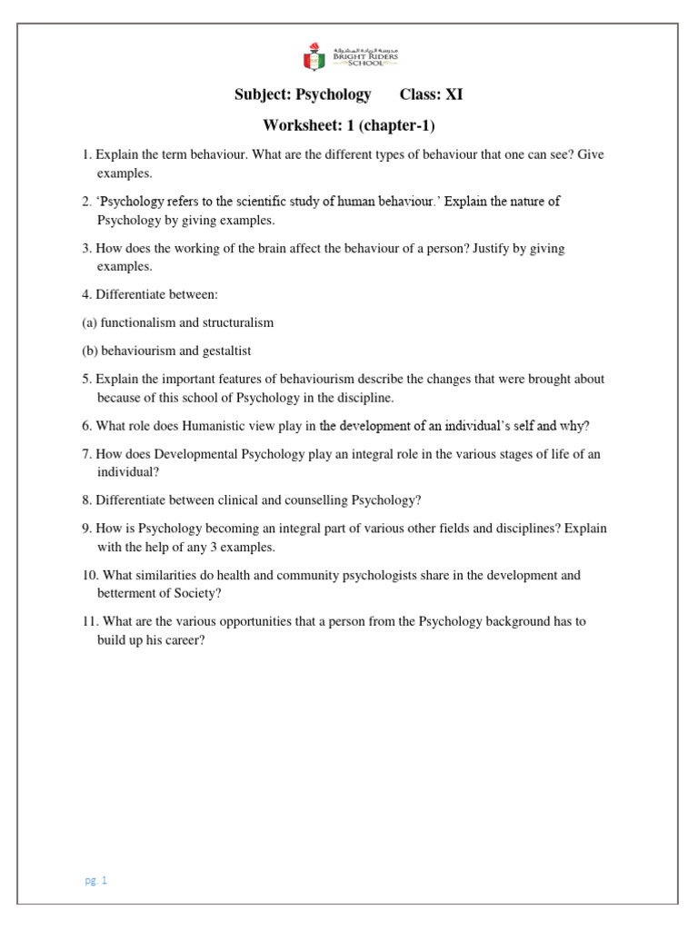 Class 11 Psychology Chapter 1 Worksheet | PDF | Psychology | Perception